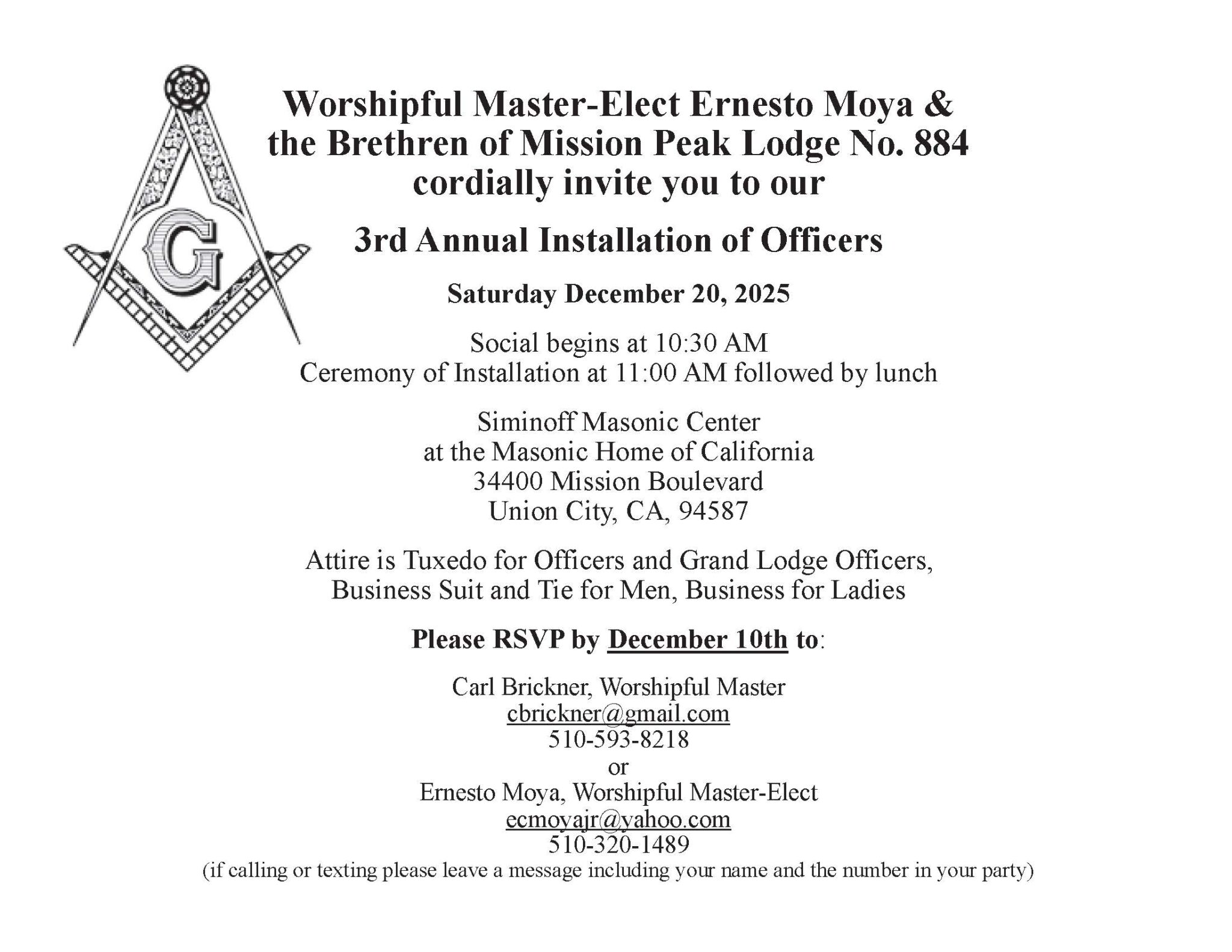 Mission Peak No. 884 - Installation of Officers — Masons of California