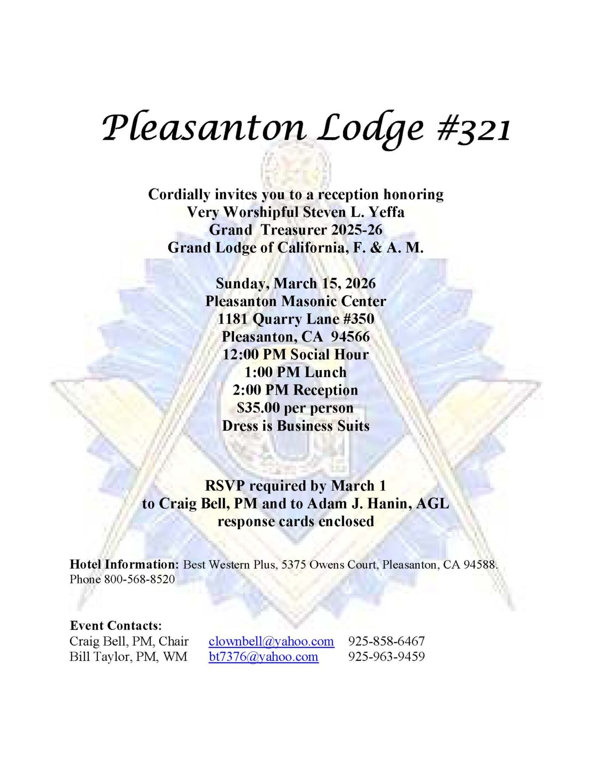 Pleasanton No. 321 - Reception for Grand Treasurer — Masons of California